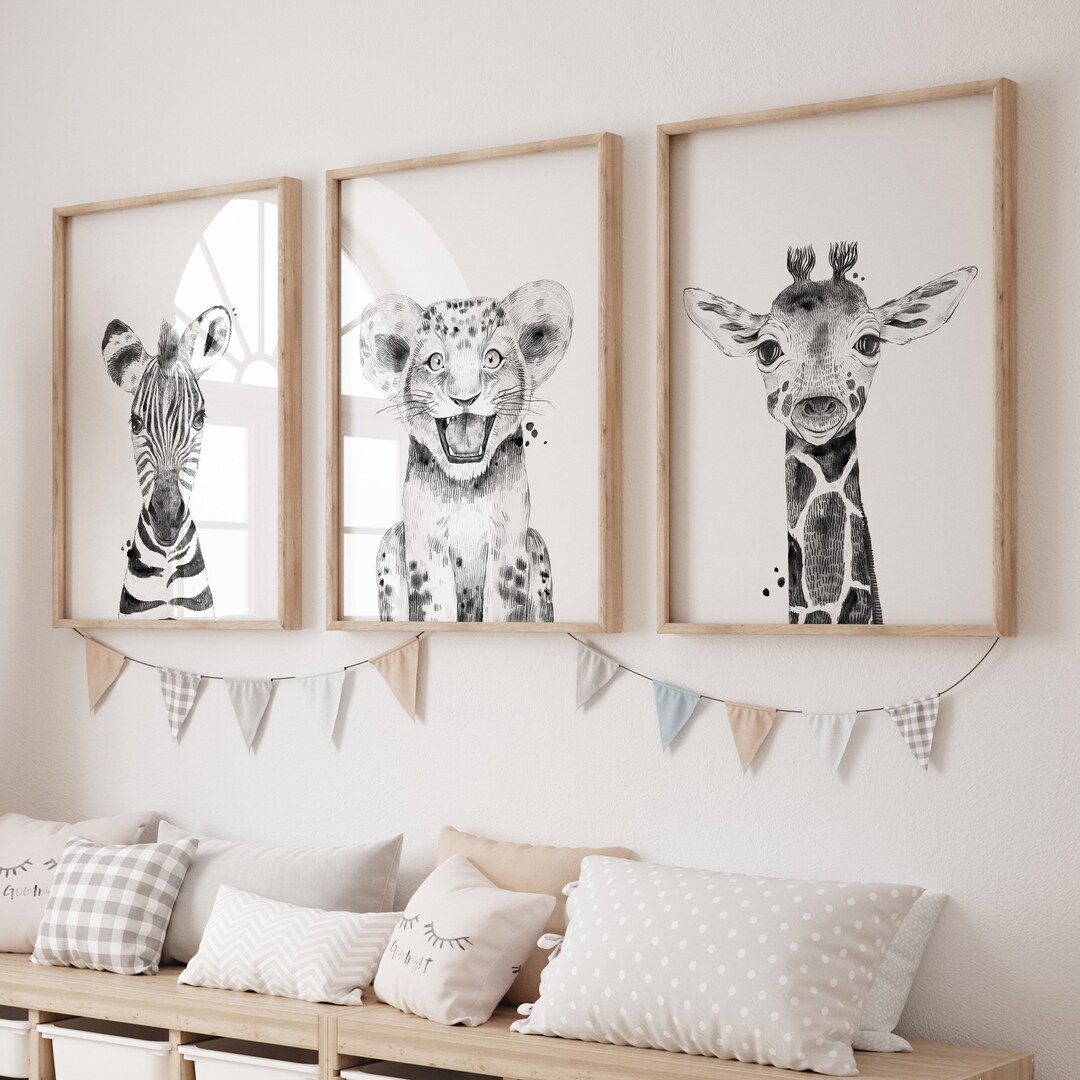 Black and White SAFARI Animals Printable Wall Art Set of 3, Safari ...