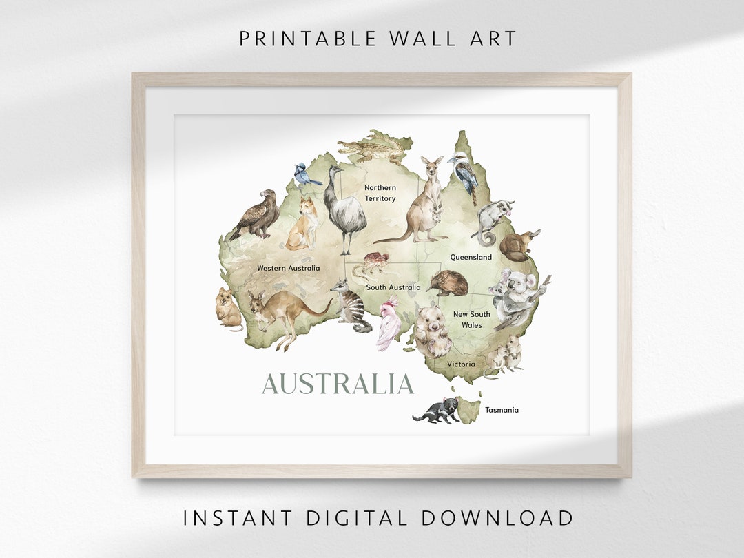 AUSTRALIAN Animals Map Printable Wall Art Koala, Kangaroo, Kookaburra ...