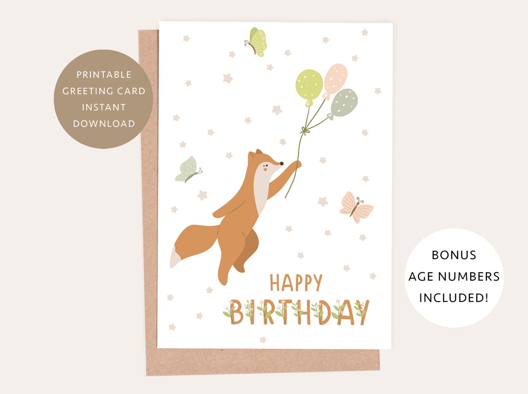 PRINTABLE Happy Birthday Card, Fox Birthday Card, Butterfly Birthday ...