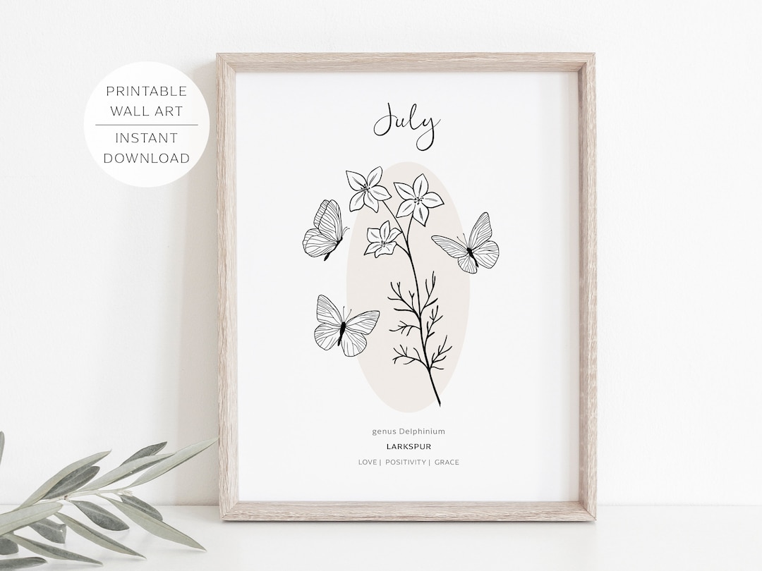 Larkspur July Birth Flower Printable Wall Art, Minimalist Line Drawing ...