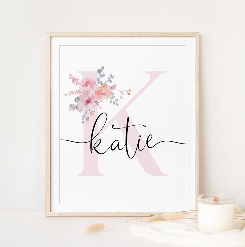 Soft Blush Floral Rainbow Personalised Letter Name Printable Girls Wall ...