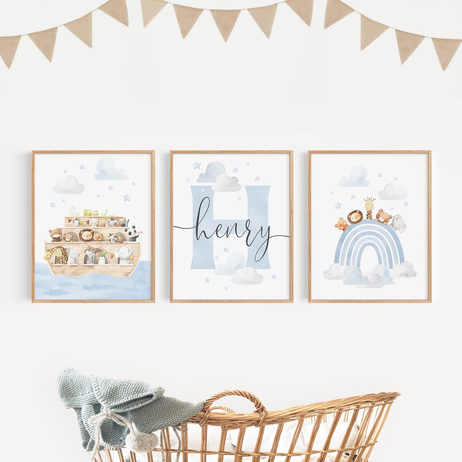 Personalised Noah’s Ark Nursery Printable Wall Art, Set of 3, Safari ...