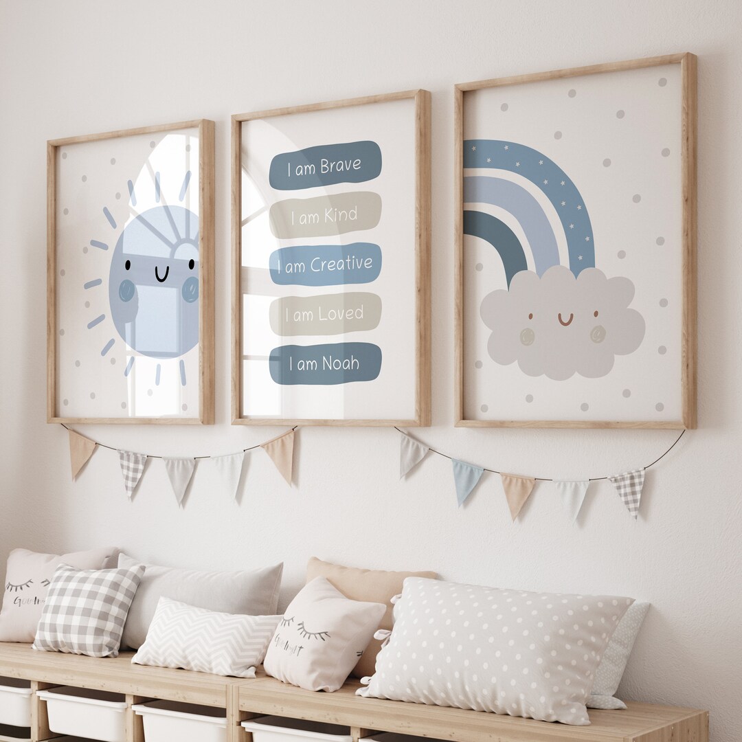 Personalised BOHO Affirmations Printable Wall Art, Name Print, Blue Set ...