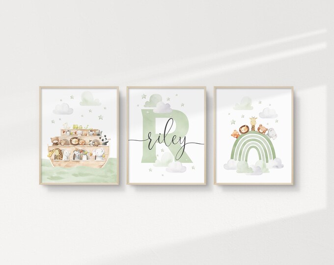 Personalised Noahs Ark Nursery Printable Wall Art, Set of 3, Safari ...