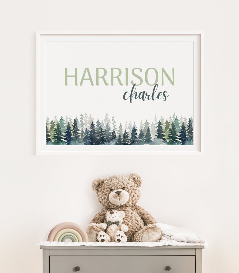 Editable Boy Baby Name Template, Pine Trees Nursery Canva Template ...