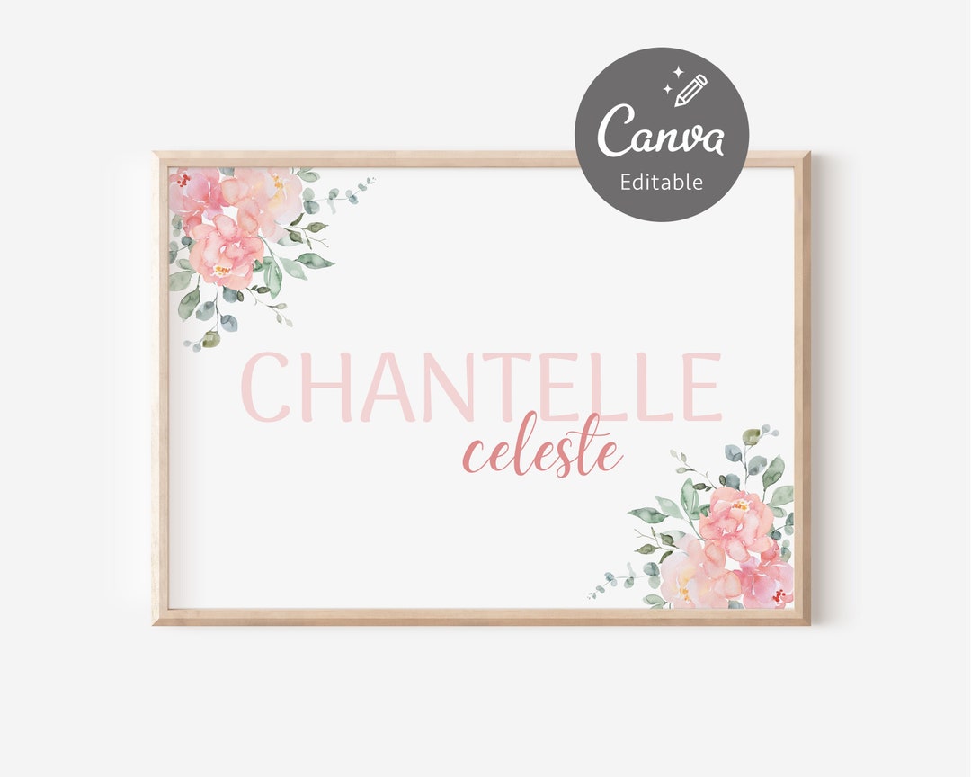 Editable Girl Baby Name Template, Peonies Floral Nursery Canva Template ...