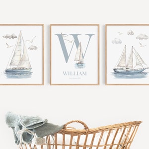 Personalised Nautical Sailboat Printable Wall Art, Set of 3, Nautical ...