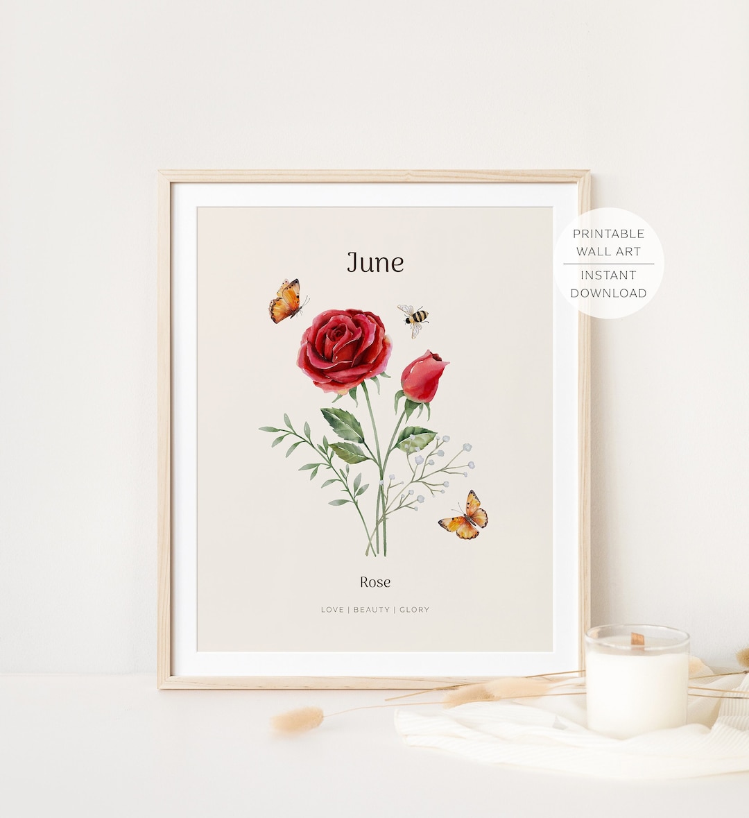 ROSE June Birth Month Flower Printable Wall Art, Rose Birth Flower ...