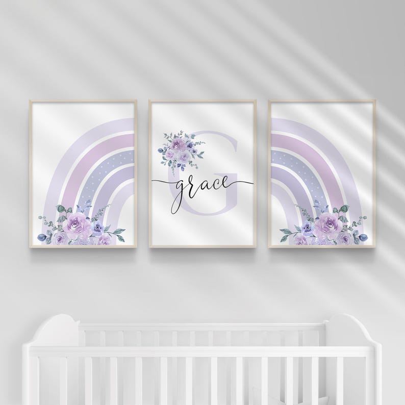 Soft Lilac Floral Rainbow Personalised Letter Name Printable Girls Wall ...