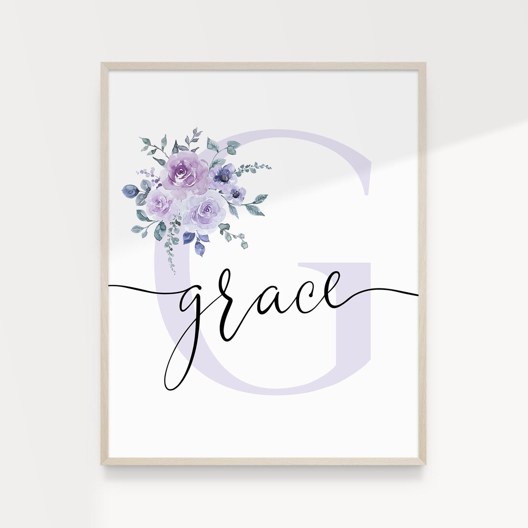 Soft Lilac Floral Personalised Letter NAME Printable Wall Art Girls ...