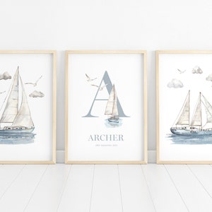 Personalised Nautical Sailboat Printable Wall Art, Set of 3, Nautical ...
