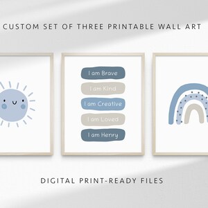 Personalised BOHO Affirmations Printable Wall Art, Name Print, Blue Set ...