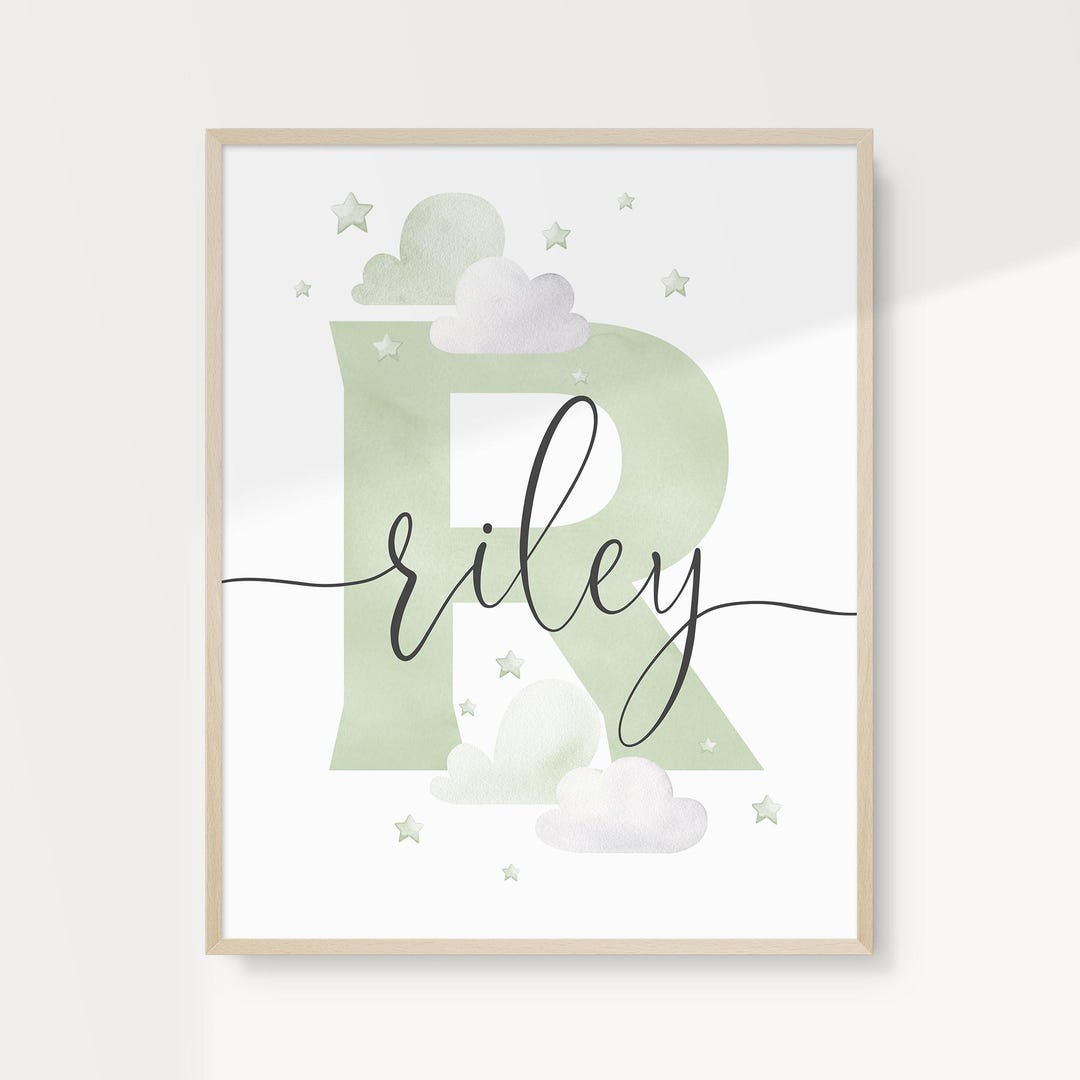 Personalised Green Letter Name Printable Wall Art, Clouds and Stars ...