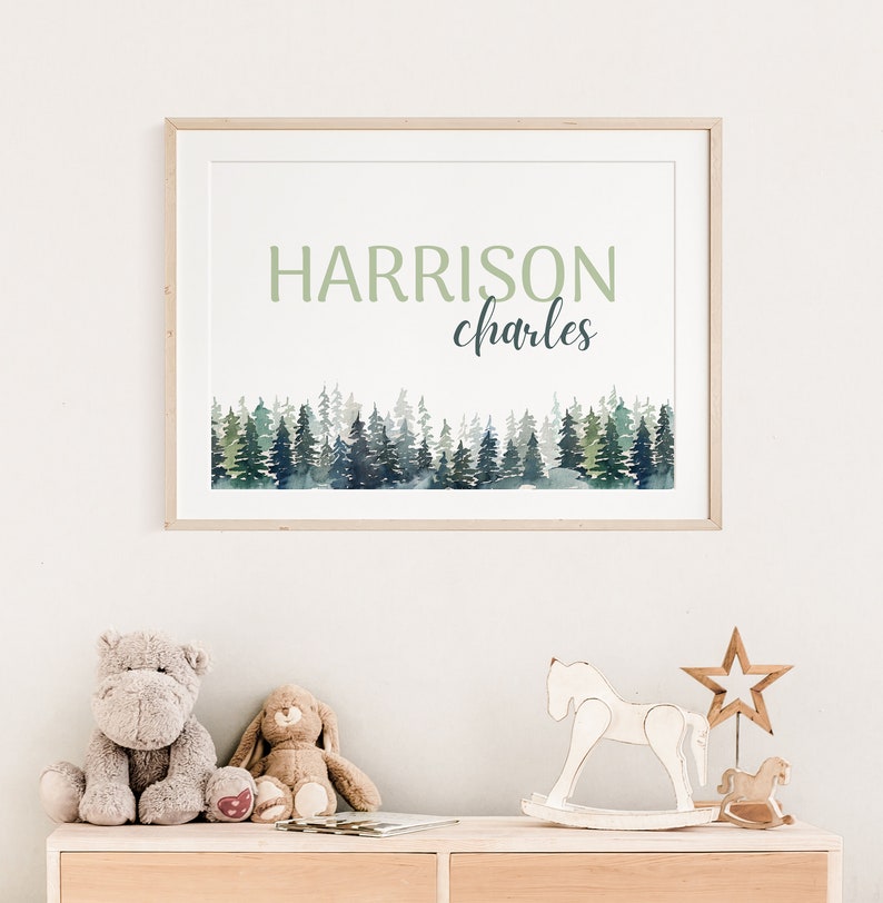 Editable Boy Baby Name Template, Pine Trees Nursery Canva Template ...