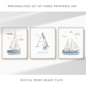 Personalised Nautical Sailboat Printable Wall Art, Set of 3, Nautical ...