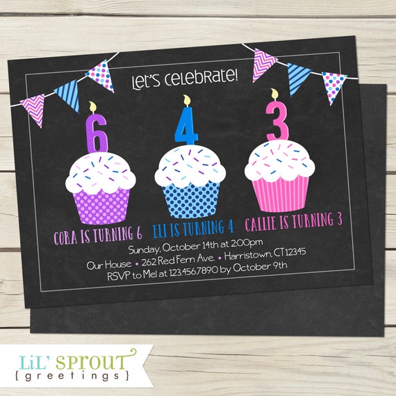 Three 3 Birthday Invitation- Triple Invite Gender Neutral - Purple Pink ...