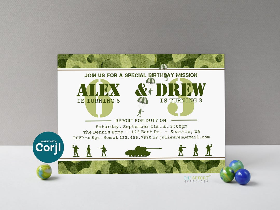 Army Camo Birthday Invitation Template for 1 or 2 Kids, Editable ...