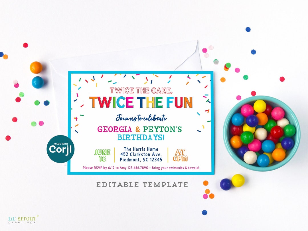 Twice the Fun Editable Birthday Invitation Template for 2 Kids, 5x7 ...