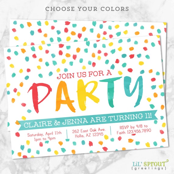 Colorful Double Birthday Invitation - Two Child Joint Bday Invite in ...