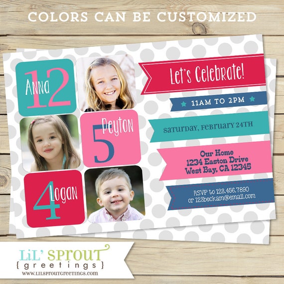 Triple birthday Invitation - sibling boy girl birthday invitation ...