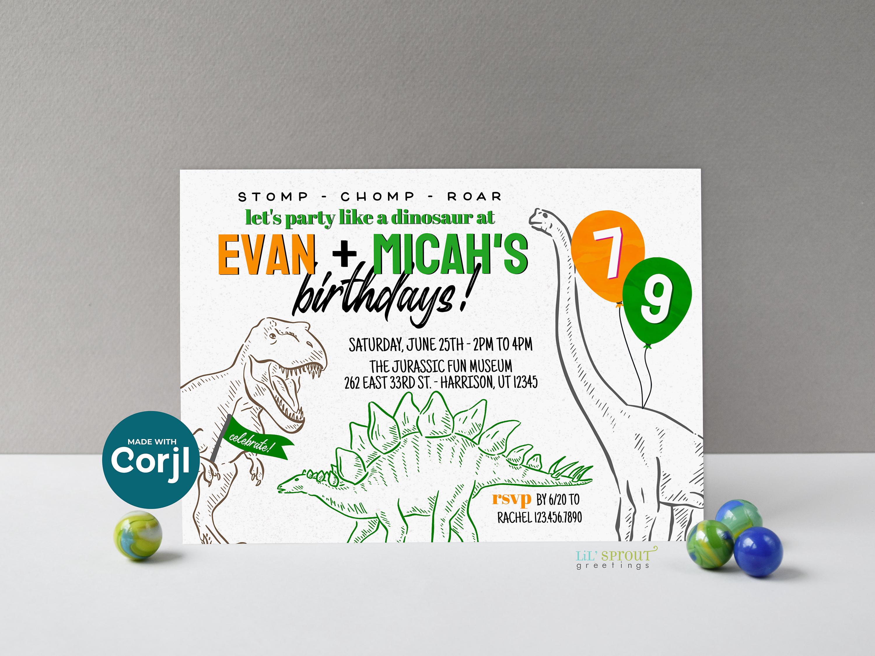 Dinosaur Joint Birthday Invitation Template, Editable Dino Party Invite ...