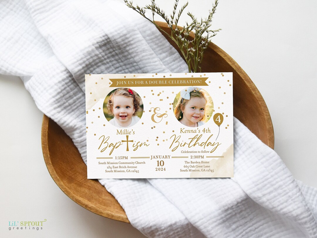 Baptism & Birthday Photo Invitation, Printable Double Event Invite ...