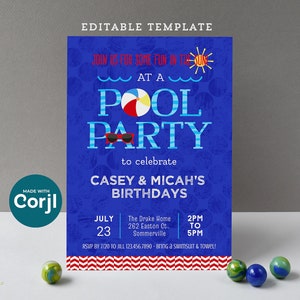 Pool Party Birthday Invitation Editable Template for 1 or 2 Kids, 5x7 ...