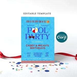Pool Party Birthday Invitation Editable Template for 1 or 2 Kids, 5x7 ...