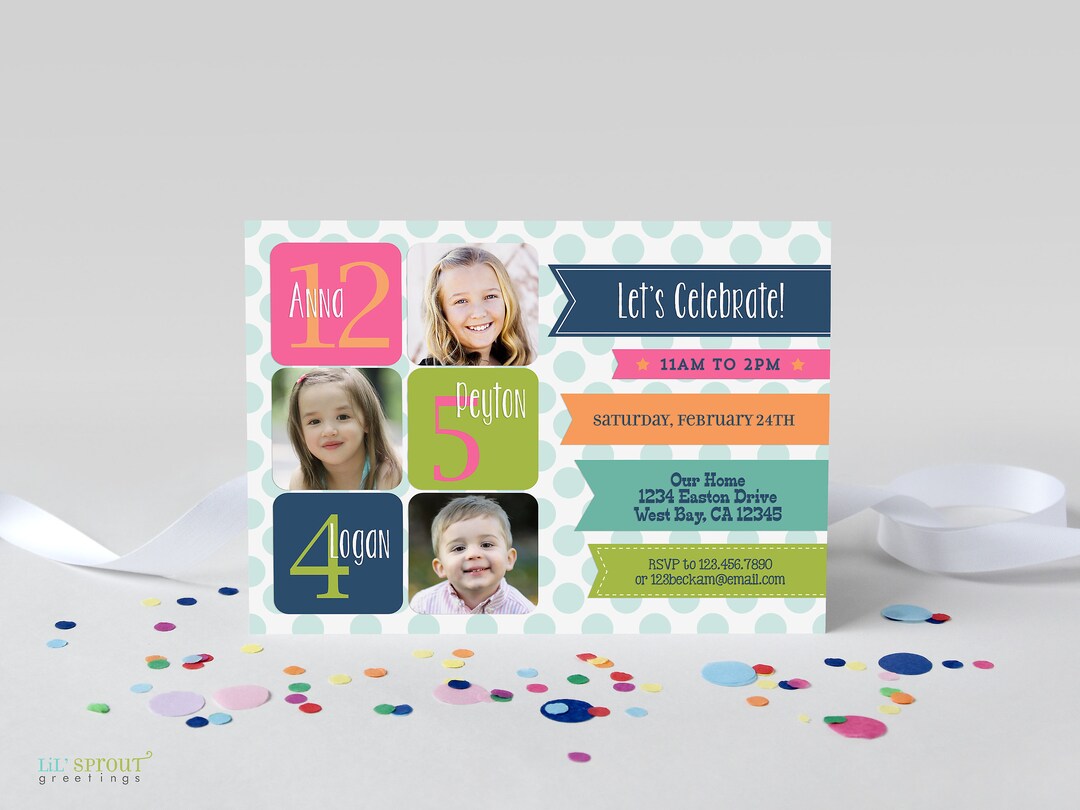Boy Girl Triple Birthday Invitation With Photos, Sibling Joint Party ...