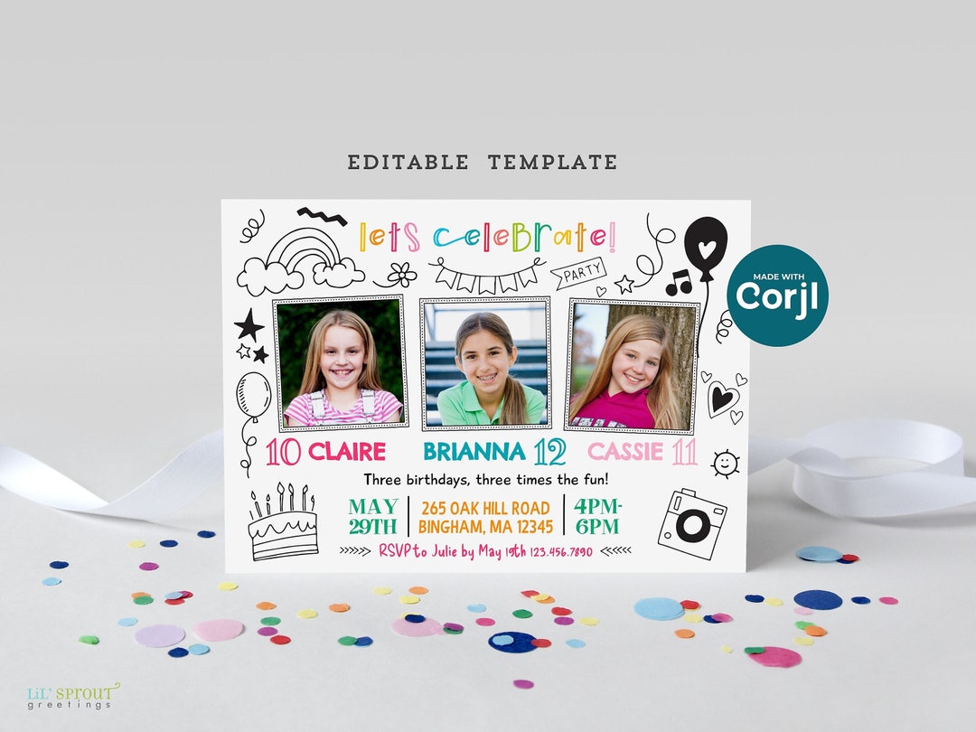 Doodle 5x7 Inch Tween Birthday Invitation for 2 or 3 Girls - Shared ...
