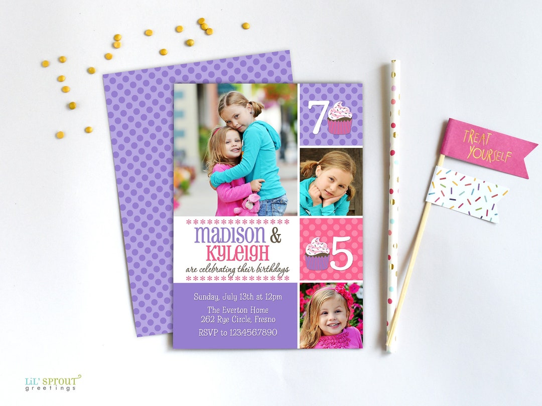 Twin Girl Photo Birthday Invite, Sister Joint Party Invitation for 2 ...