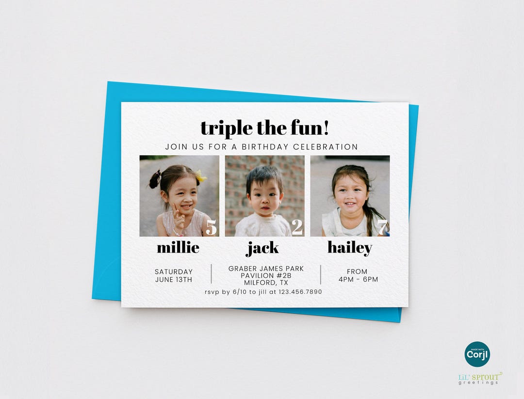 Triple Photo Birthday Invitation for 3 Kids - Editable Sibling Group ...