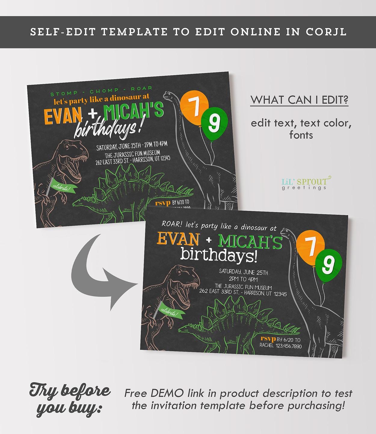 Dinosaur Joint Birthday Invitation Template, Editable Dino Party Invite ...