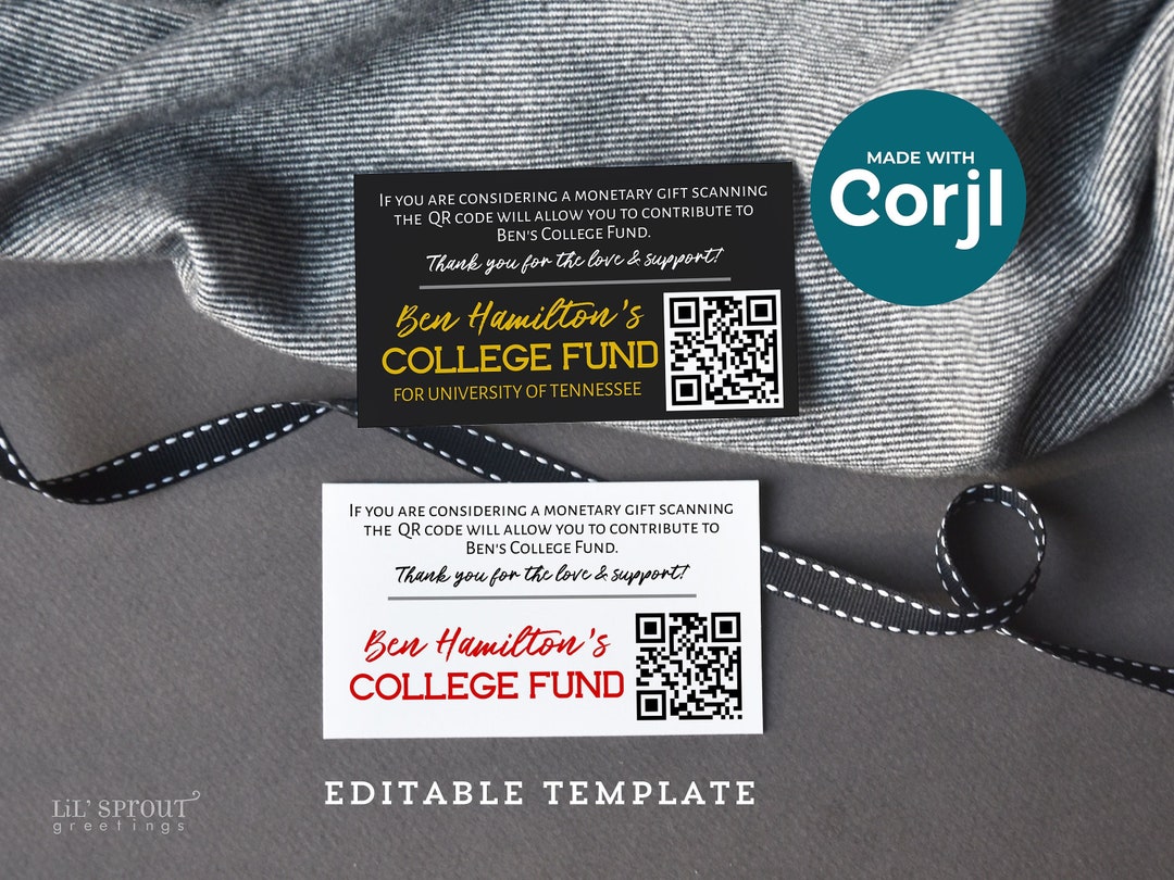 Graduation Insert Card for College Fund With QR Code, Editable Template ...