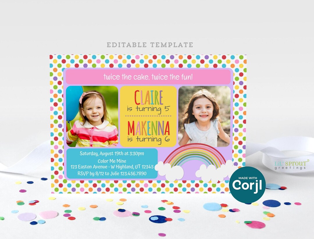 Rainbow Joint Birthday Invitation Template With Photos - 5x7 Editable ...