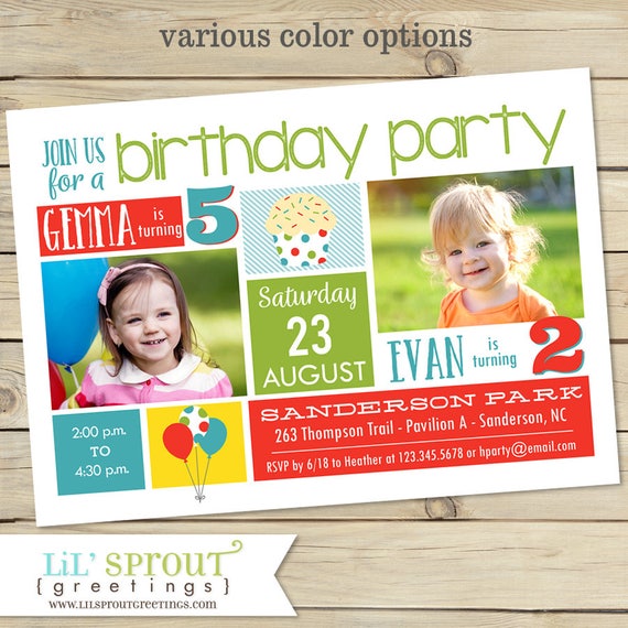 Boy Girl Sibling Birthday Invitation - Joint Birthday Photo Invite ...