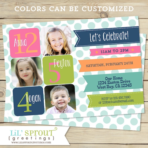 Gender neutral THREE CHILD birthday Invitation - Triplet or sibling ...