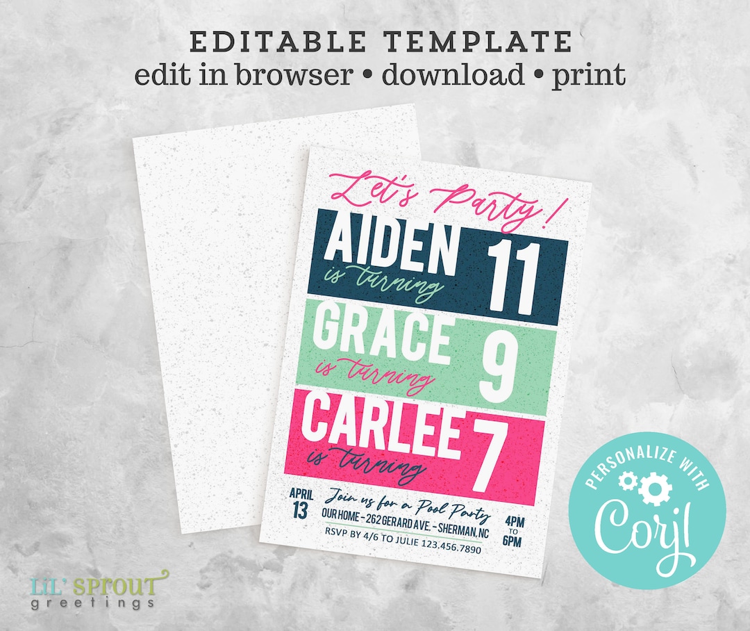 Triple Birthday Invitation DIY 5x7 Template Edit Online Download Print ...