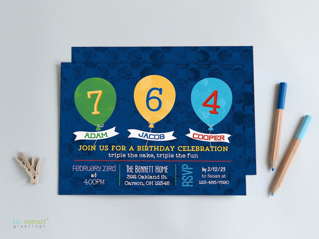 Three Child Birthday Invitation, Triple Party Invite for 3 Kids or ...