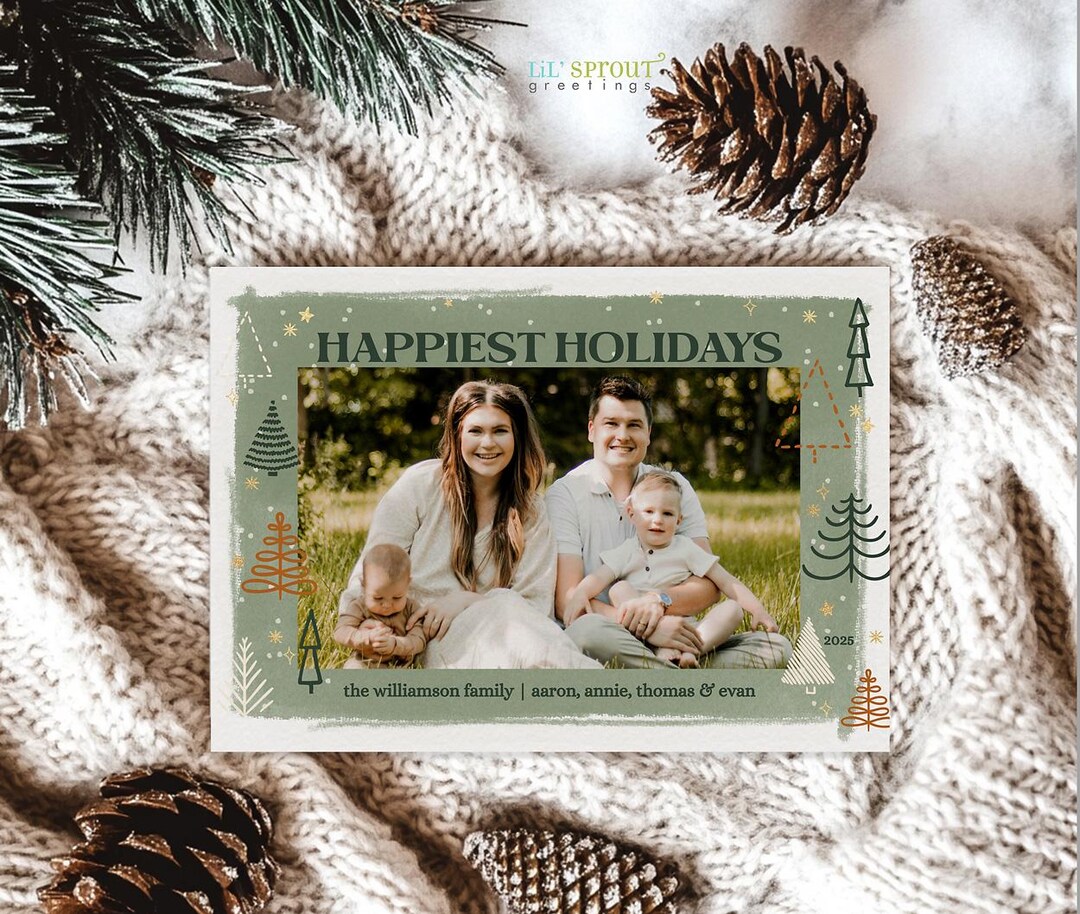 Editable Christmas Photo Card W/ Whimsical Trees, Fun Holiday Card ...