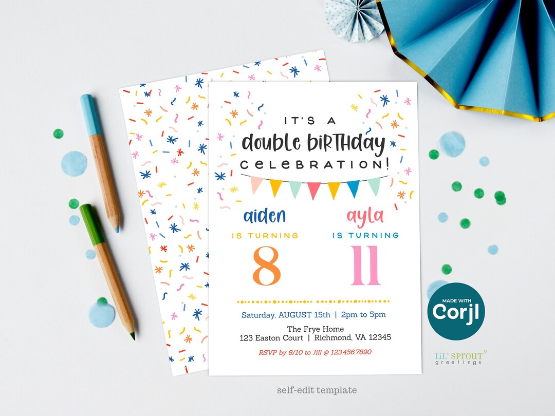 Editable Double Birthday Invitation for 2 Kids, Colorful Joint Party ...
