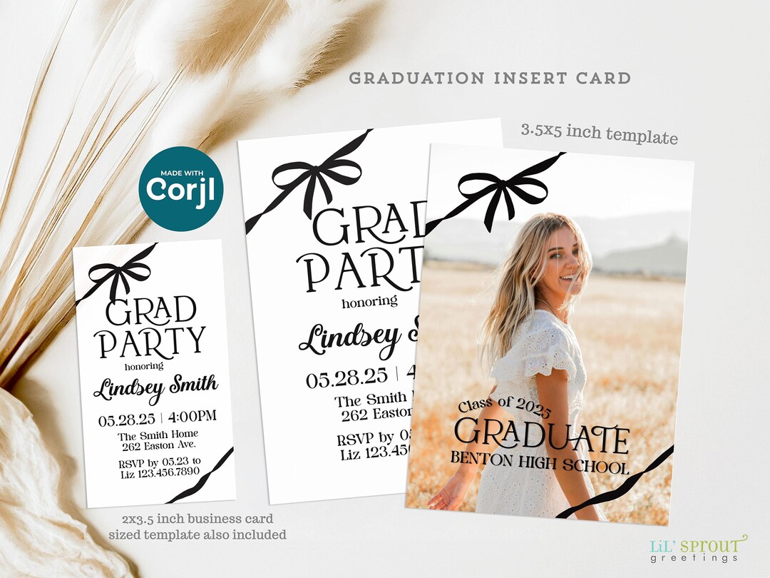 Girls Graduation Insert Card Template With Photo and Bow Detail, Grad ...