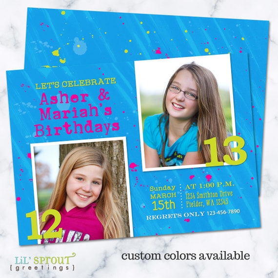 Teen Double Birthday Invitation - Paint Splatter Joint Bday Invite ...