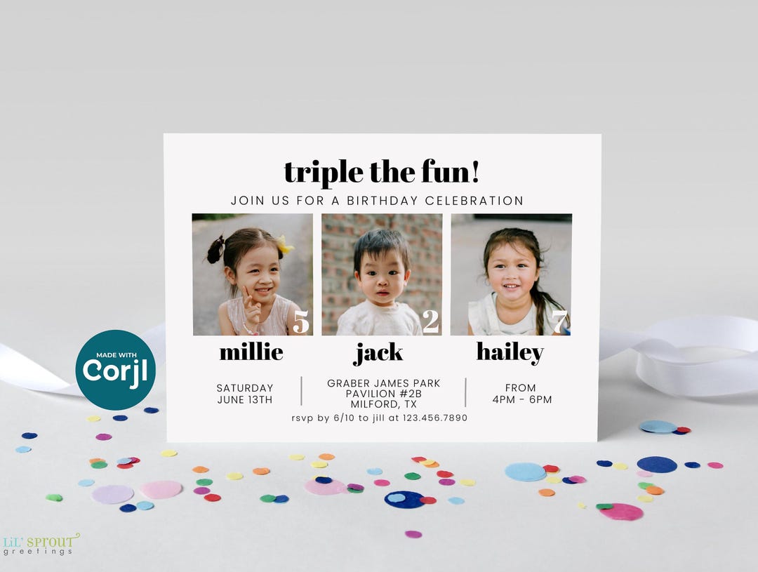 Triple Shared Birthday Invitation for 3 Kids, Sibling Group Party ...