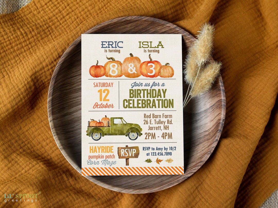 Pumpkin Patch Birthday Invite for Two Kids Double Fall Party Invitation ...