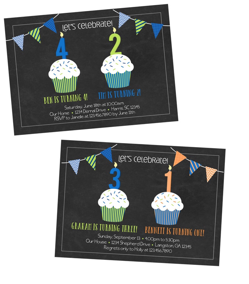 Sibling Double Birthday Party Invitation Cupcake and - Etsy Sibling Double Birthday Party Invitation Cupcake and - Etsy
