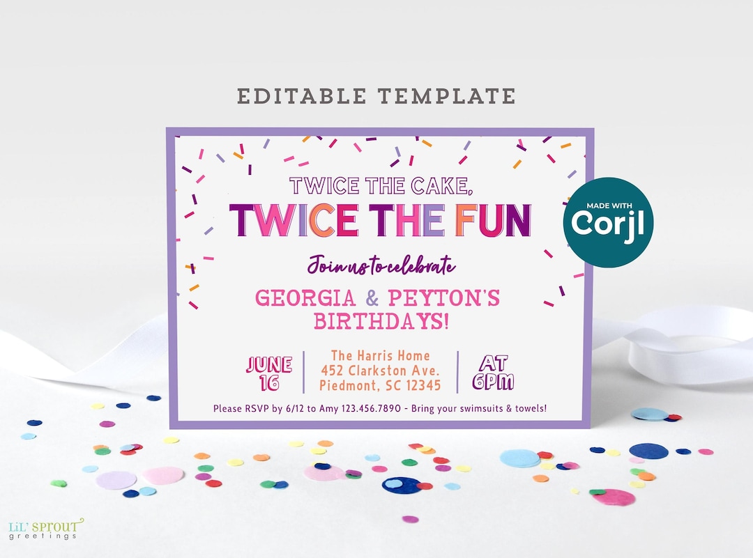 Twice the Fun Birthday Invitation for 2 Girls- Editable Template ...