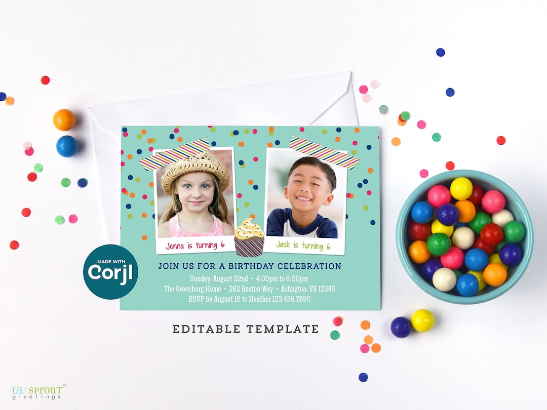Double Birthday Invite Template for 2 Kids, 5x7 Digital Joint Party ...