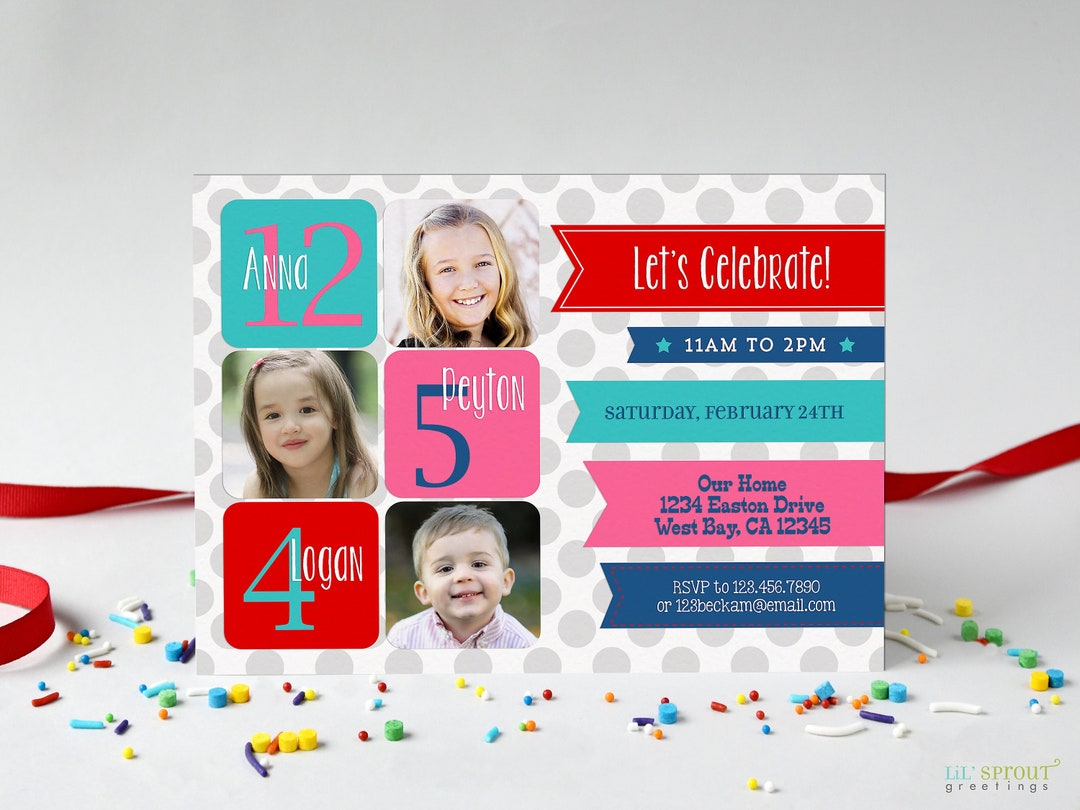 Triple Birthday Invitation for Boy Girl Siblings, Colorful Ribbons ...