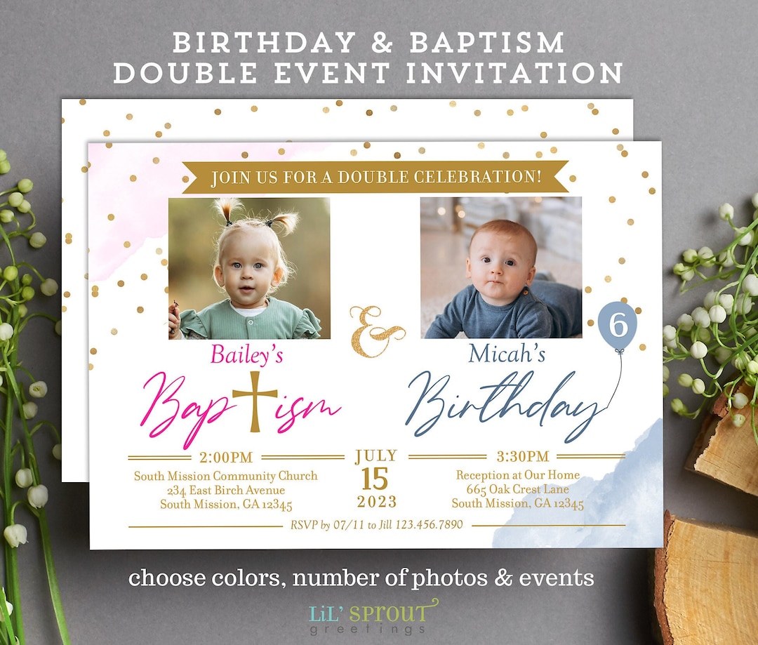 Birthday & Baptism Double Event Party Invitation Choose Your Colors ...